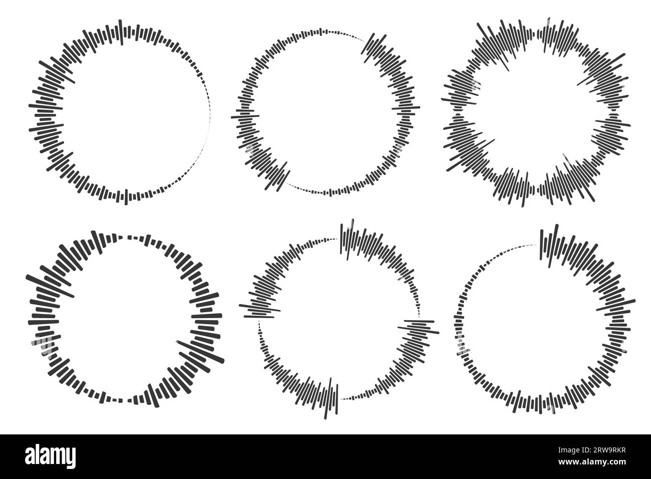 Circle sound wave. Audio music equalizer. Round circular icons set. Spectrum radial pattern and ...