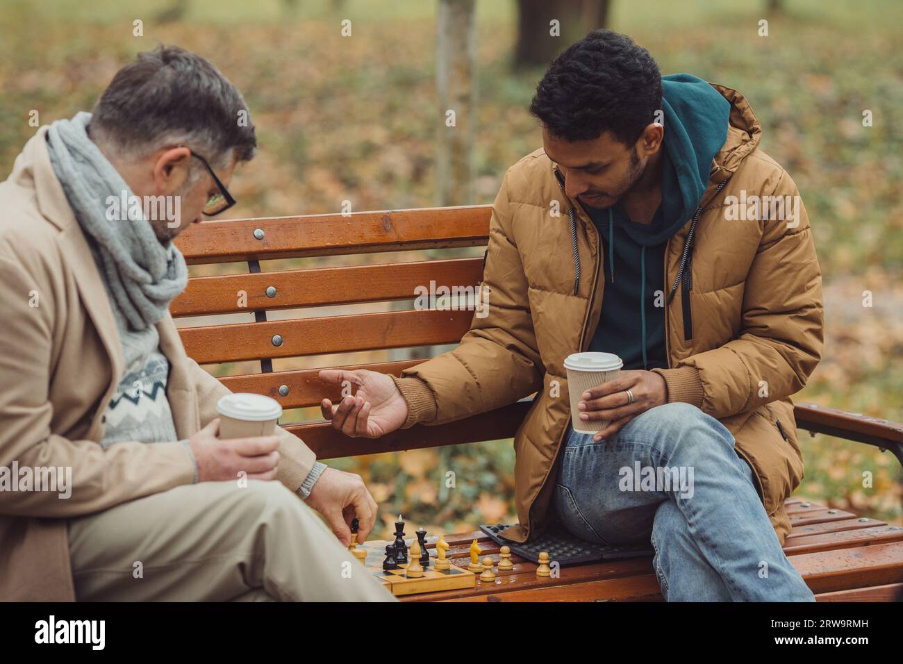 Multi-ethnic men playing chess in autumn park on a bench Stock Photo ...