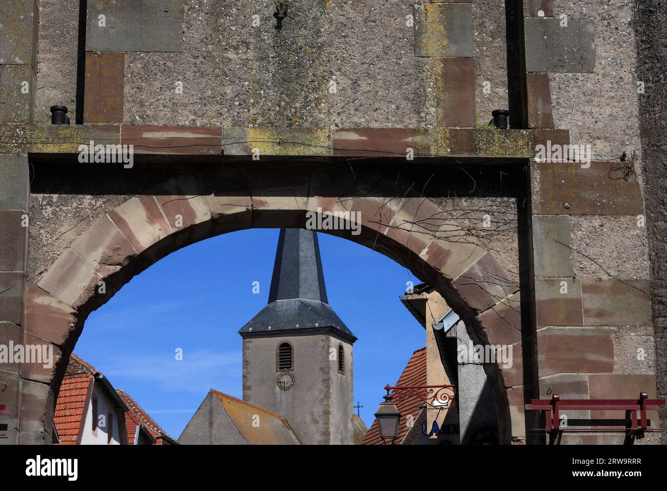 View through the medieval town gate of Fenetrange in Alsace, background ...