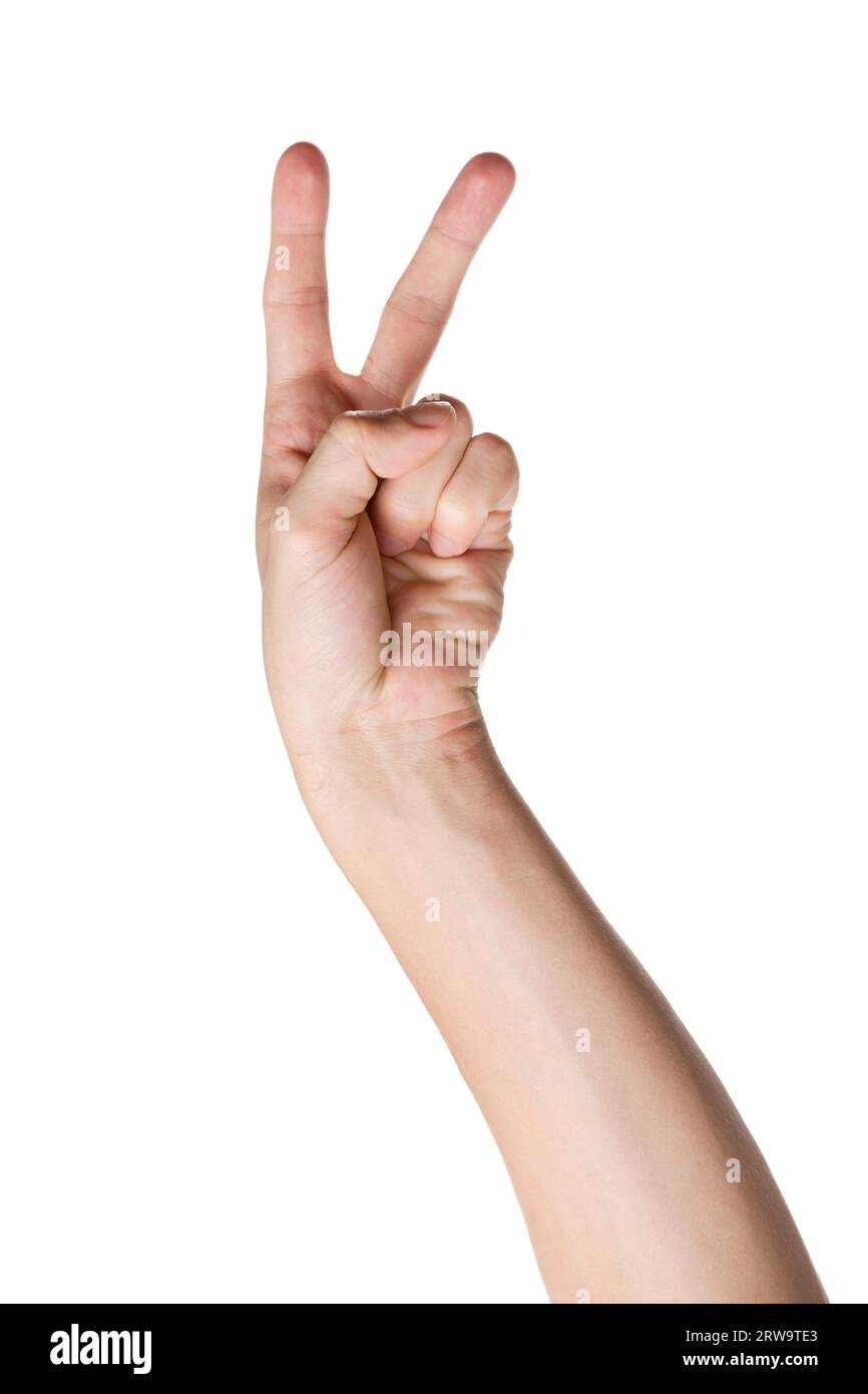Victory hand sign isolated on white background Stock Photo - Alamy