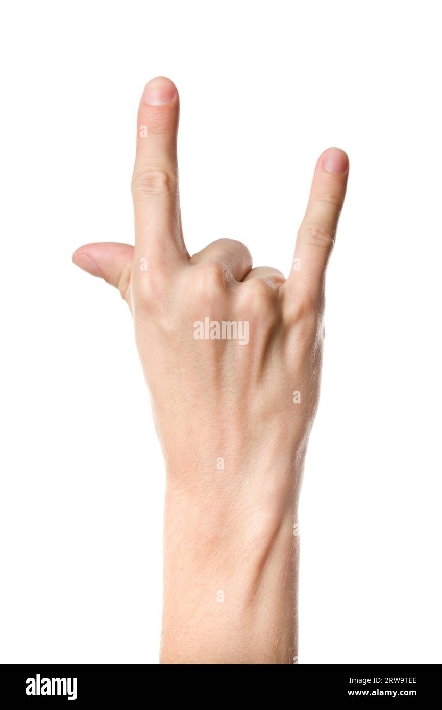 Rock hand gesture isolated on white background Stock Photo - Alamy