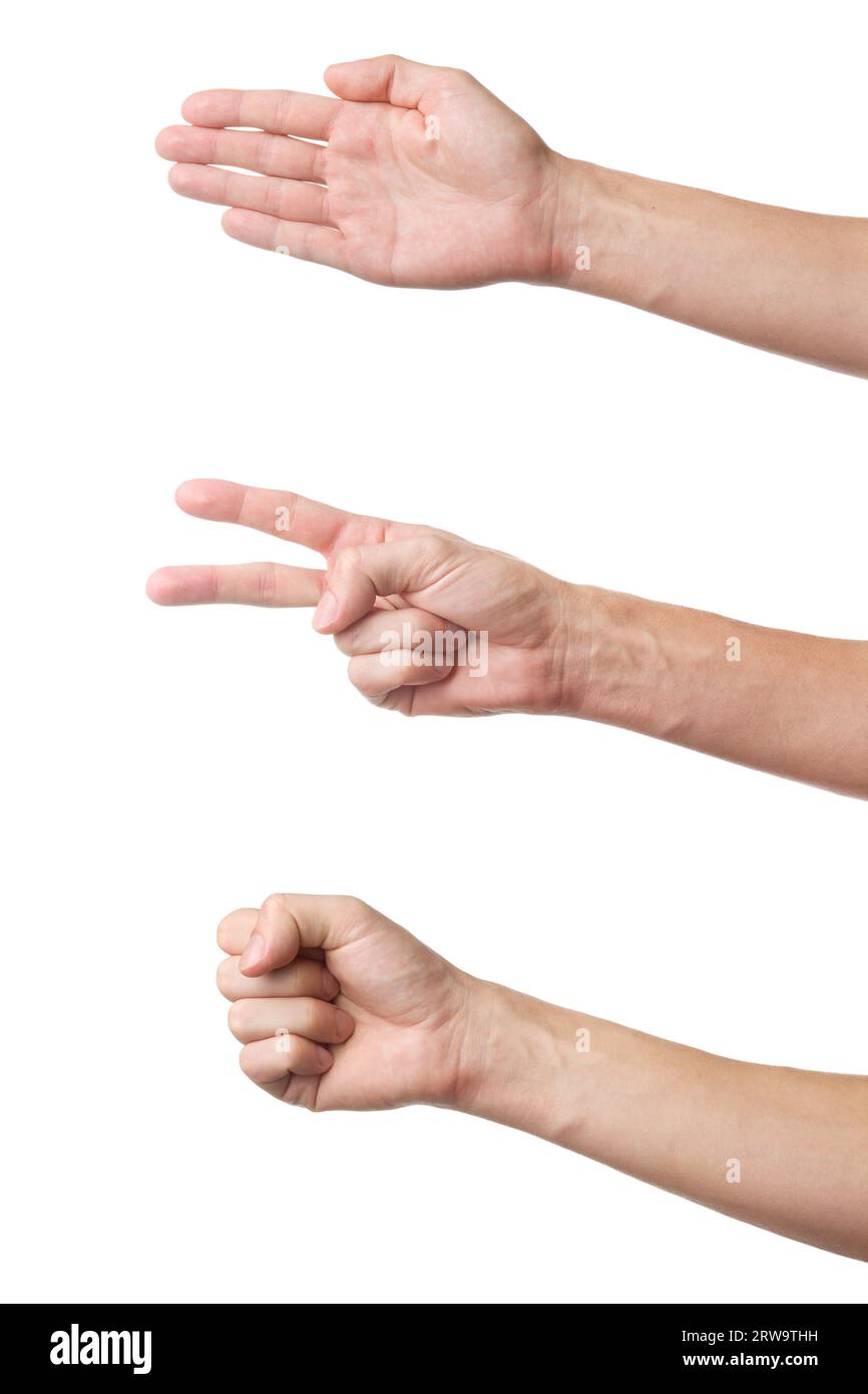 Three hand gestures isolated on white background. Rock Paper Scissors ...