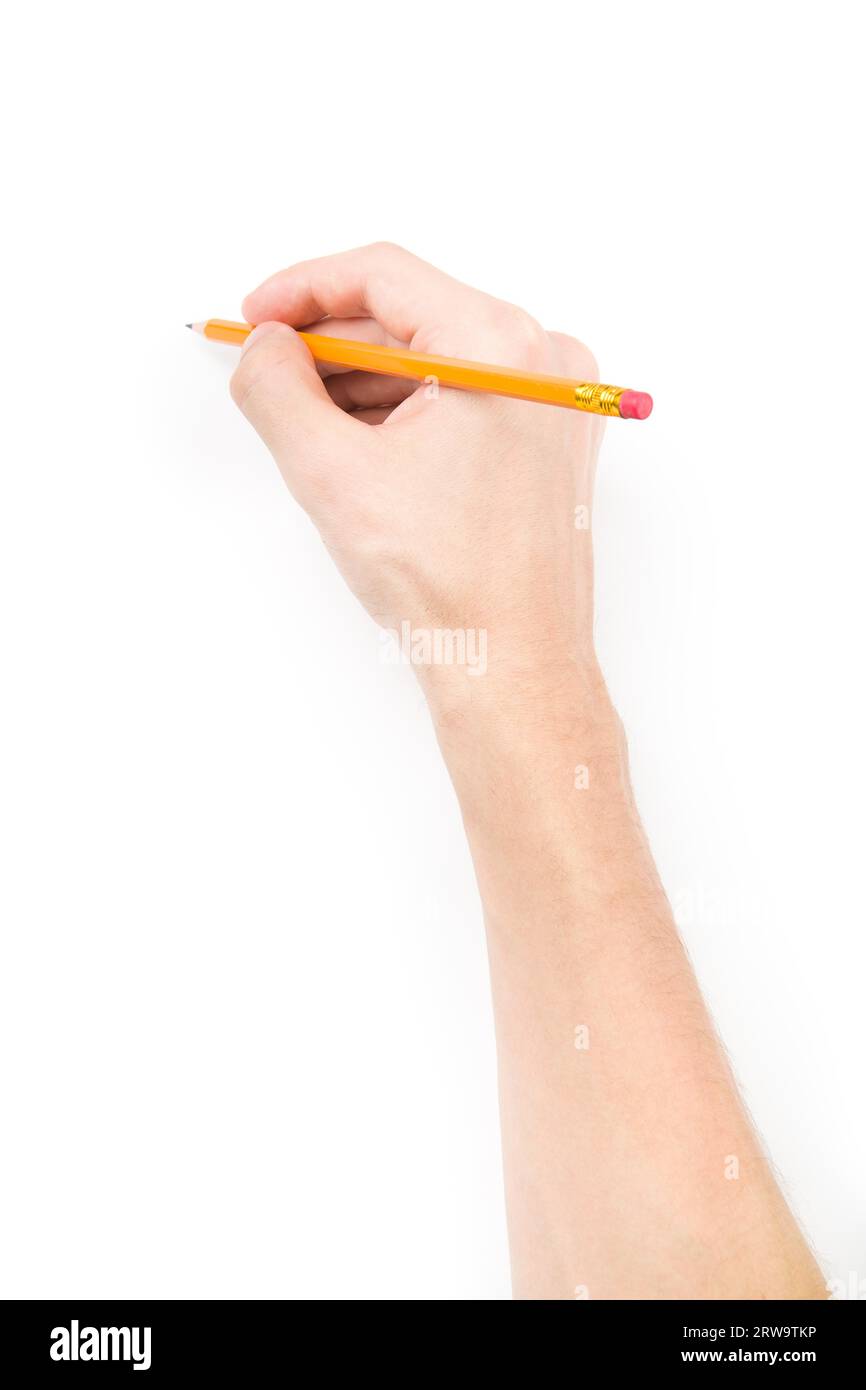 Hand with pencil writing something isolated on white background with ...