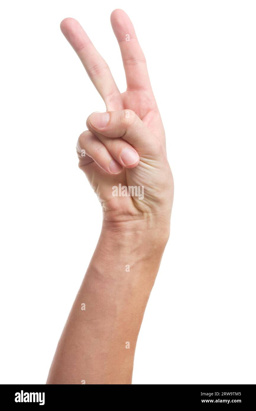 Victory hand sign isolated on white background Stock Photo - Alamy