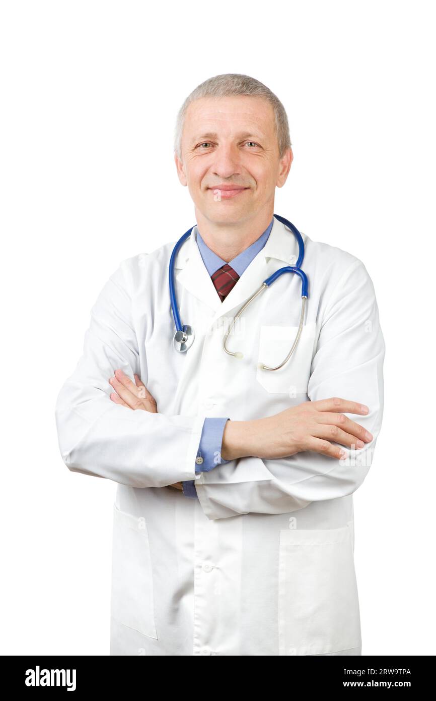 Mature smiling physician with crossed hands Stock Photo - Alamy