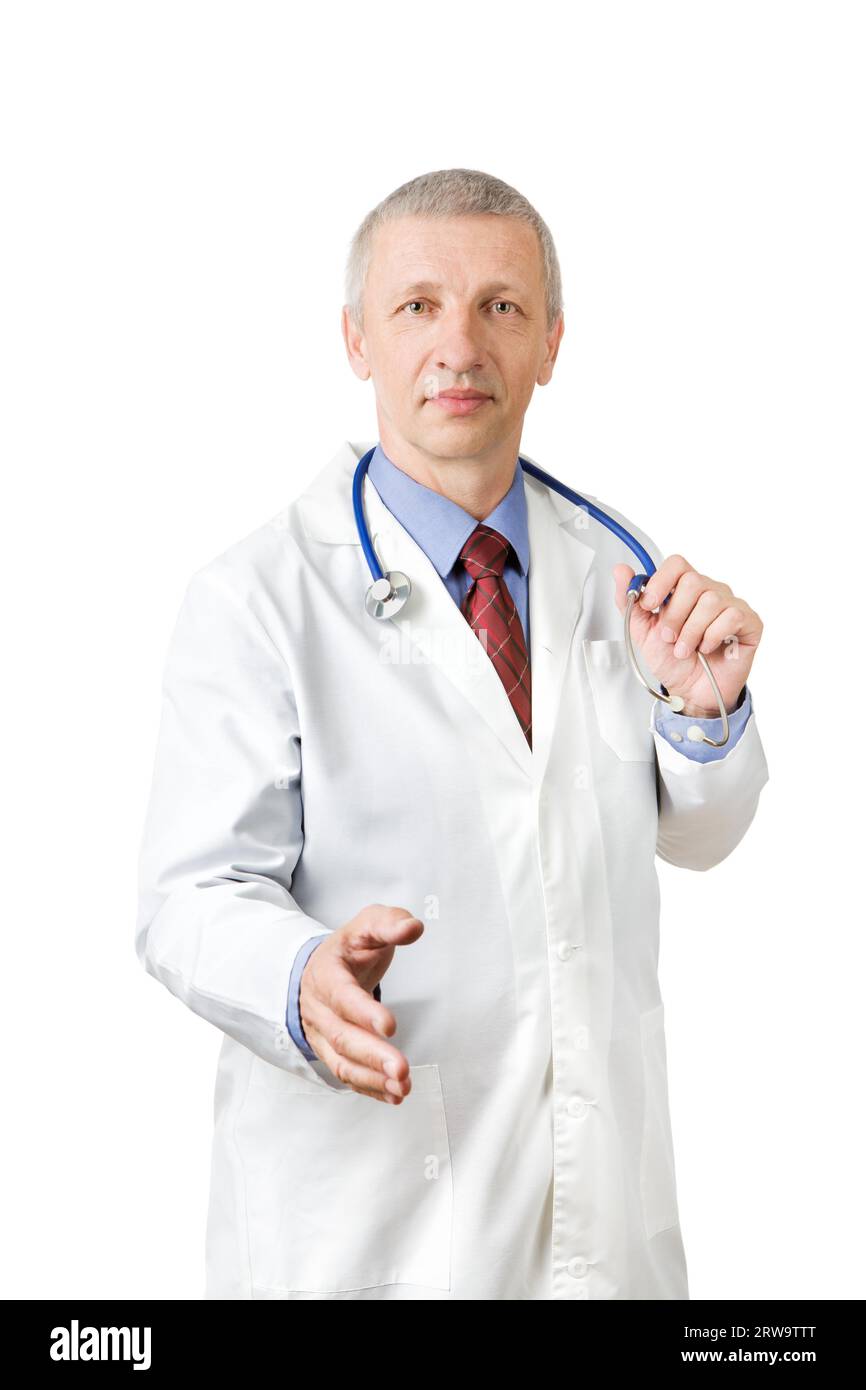 Senior doctor ready for a handshake. Isolated on white Stock Photo - Alamy