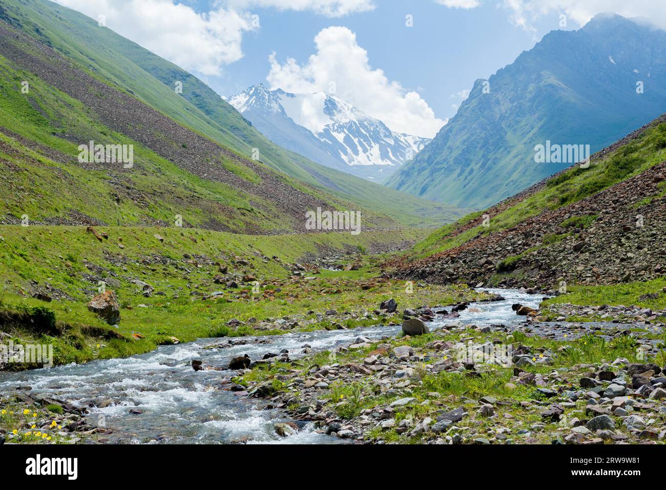 Mountain river and white mountain peak, Tien Shan, Kyrgyzstan Stock ...