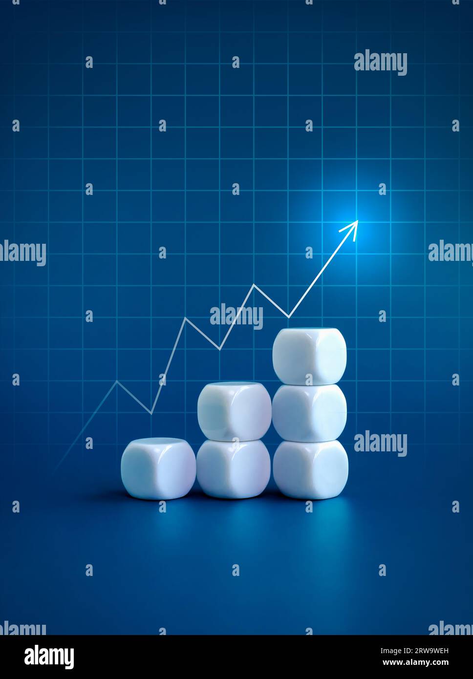 Rising glow arrows on white blocks business chart steps on blue ...