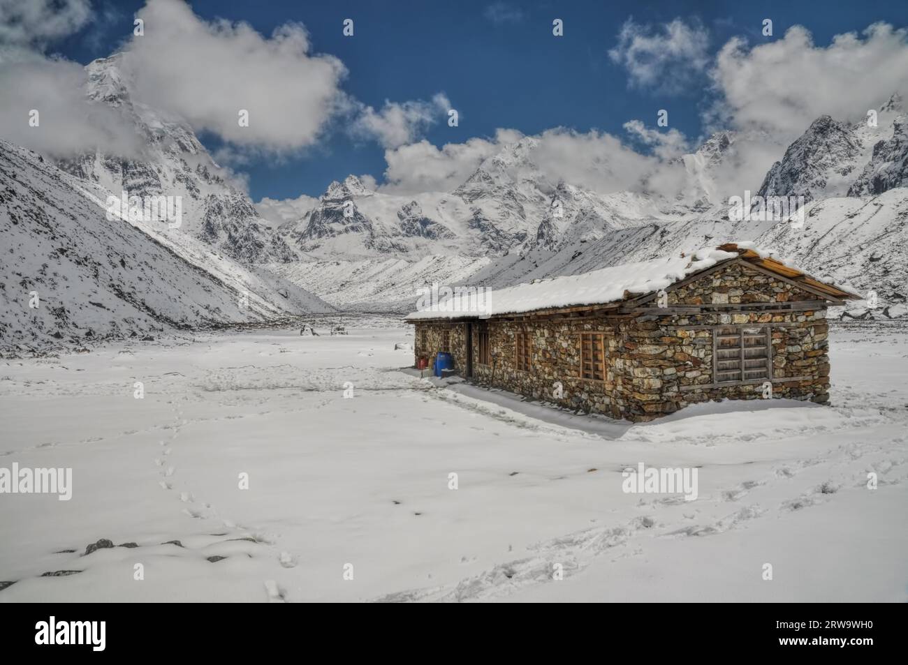 Cabin in high altitude in Himalayas mountains near Kanchenjunga, the ...