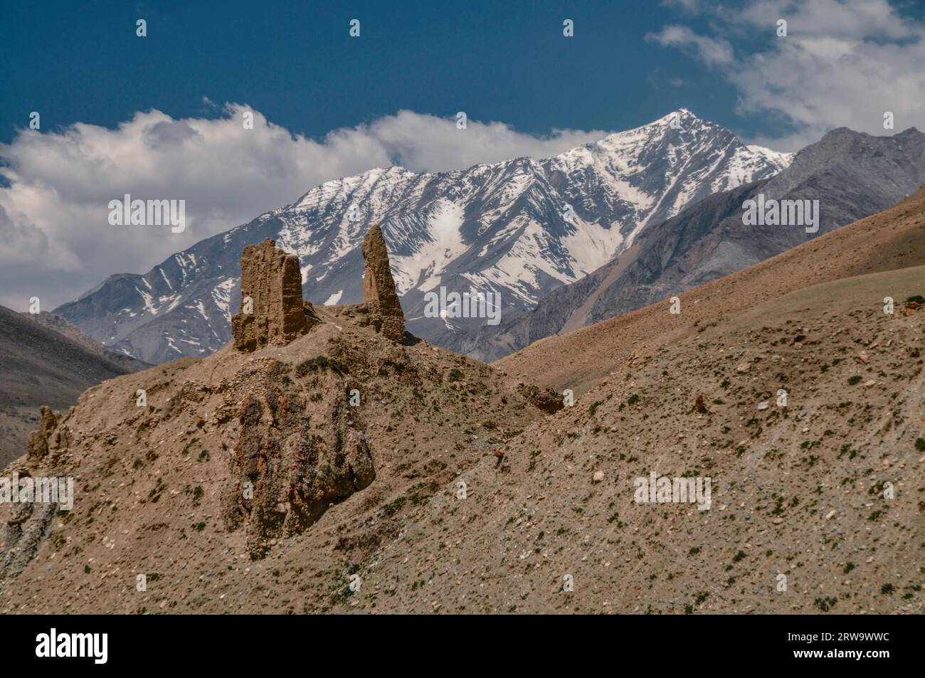 Picturesque old ruins of buddhist shrines in Himalayas mountains in ...