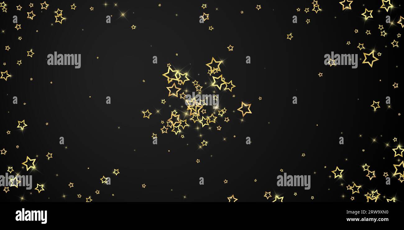Gold sparkling star confetti. Chaotic dreamy childish overlay template. Festive stars vector ...