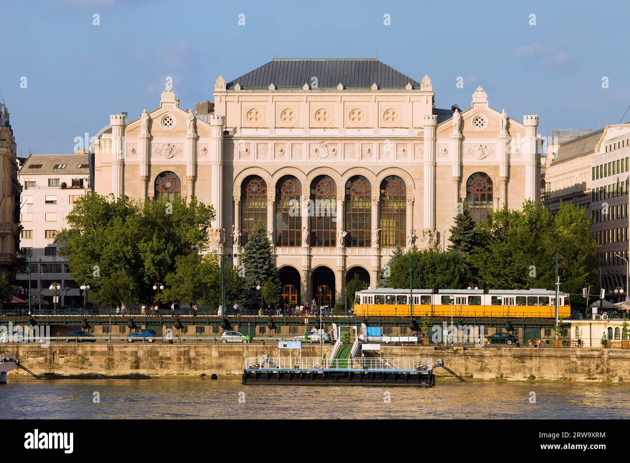 Vigado Concert Hall and Danube river waterfront in Budapest, Hungary ...