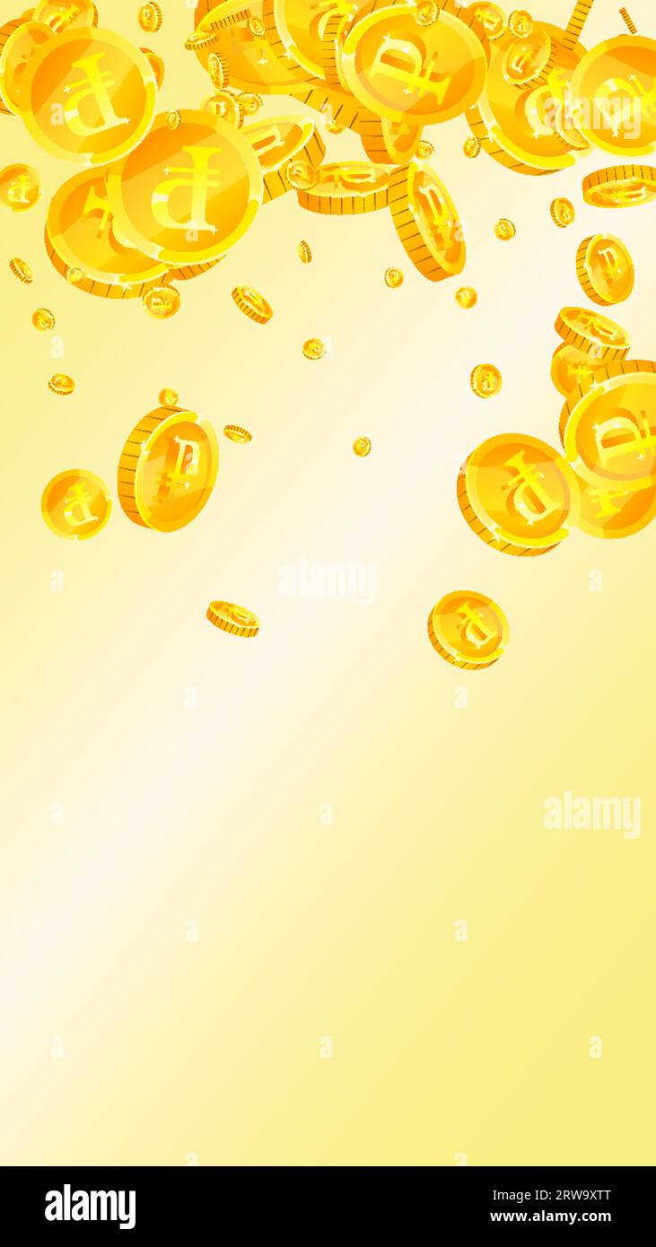 Russian ruble coins falling. Scattered gold RUB coins. Russia money ...