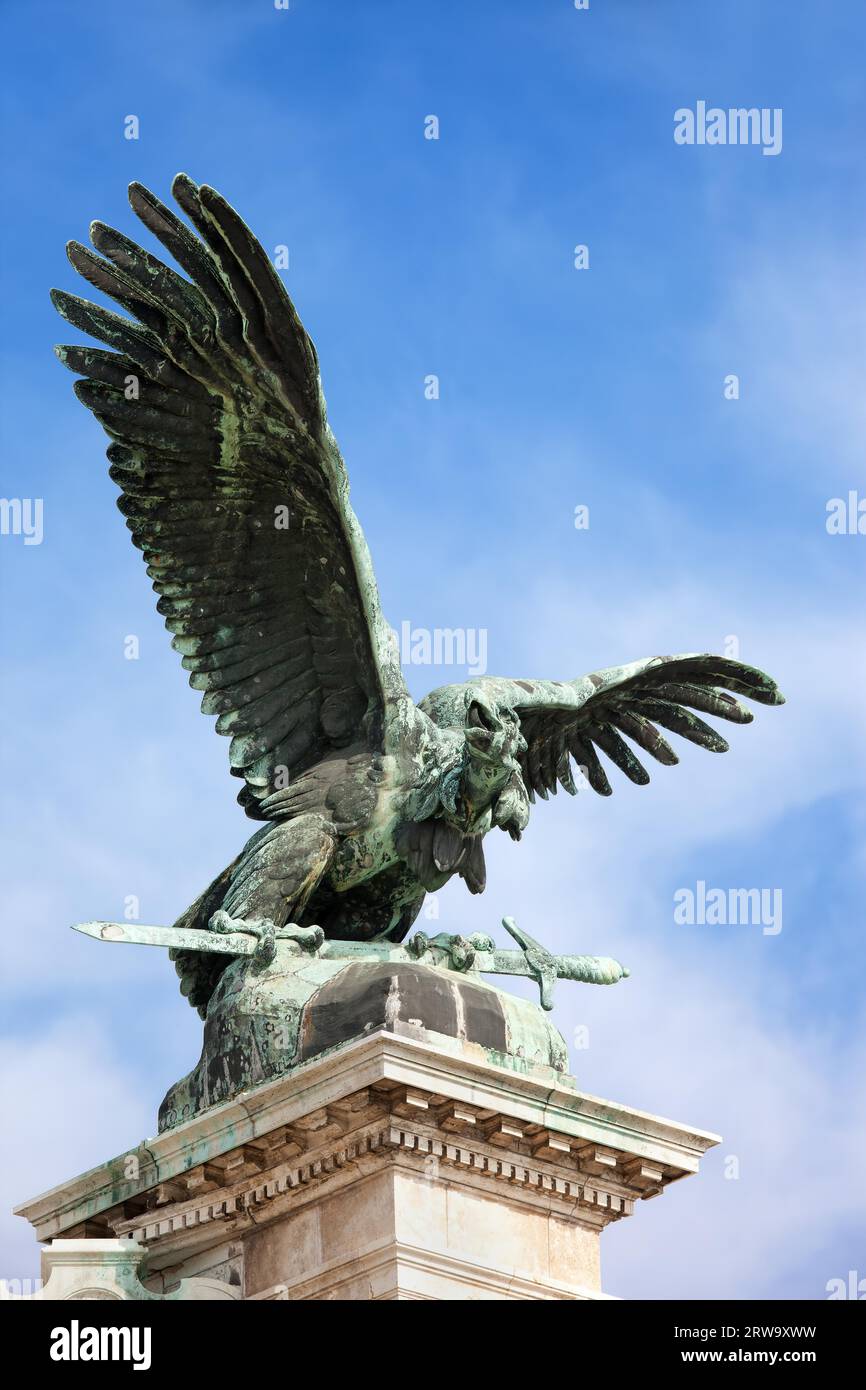 Mythical Turul Bird bronze statue from 1905, located next to the Buda ...