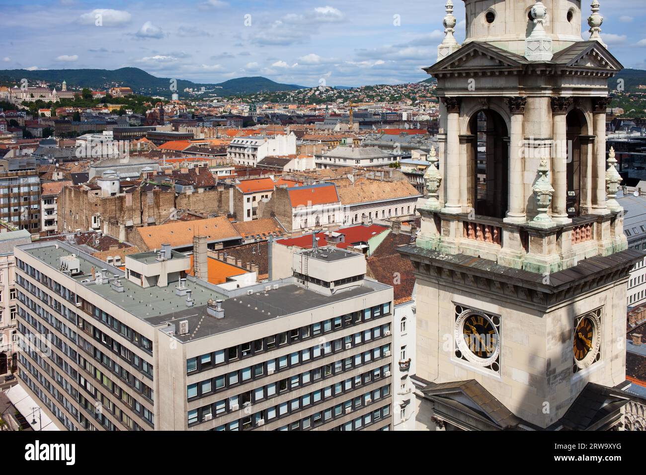 St Stephen's Basilica Bell Tower (Clock Tower) and city of Budapest ...