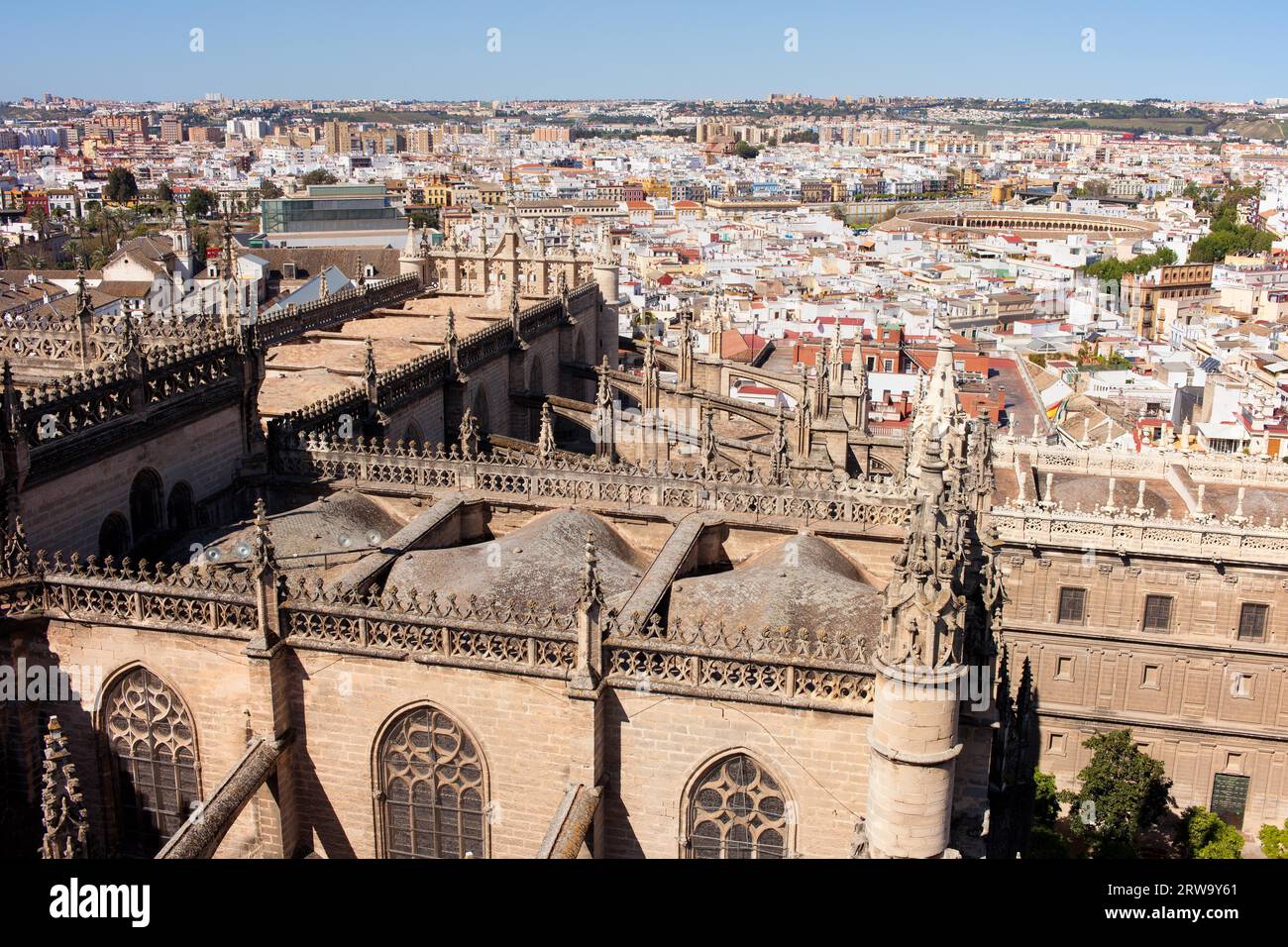 Cityscape of Seville in Spain, on the first plan Gothic style rooftop ...