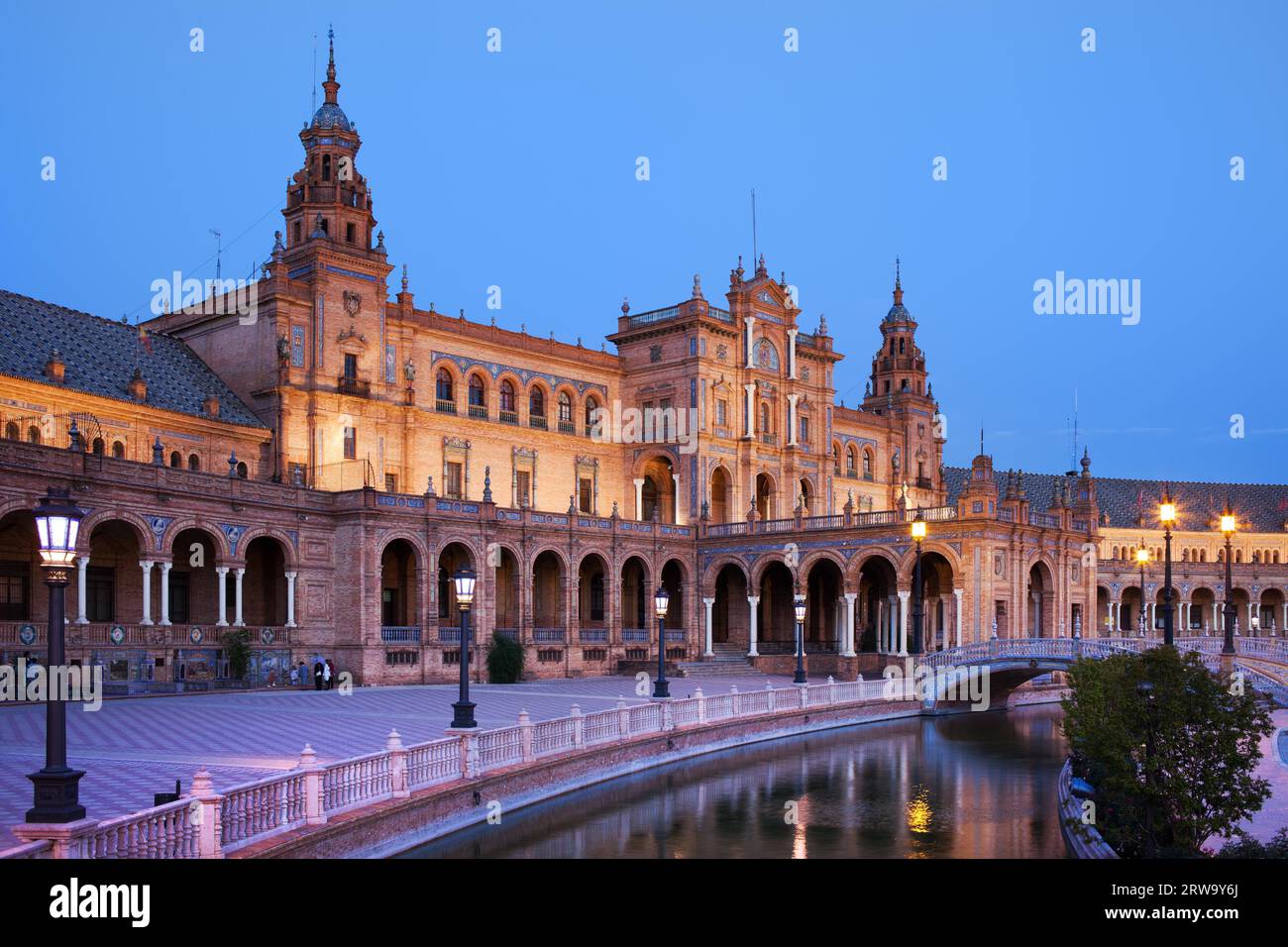 Plaza de Espana (Spain's Square) pavilion at evening in Seville, Spain ...