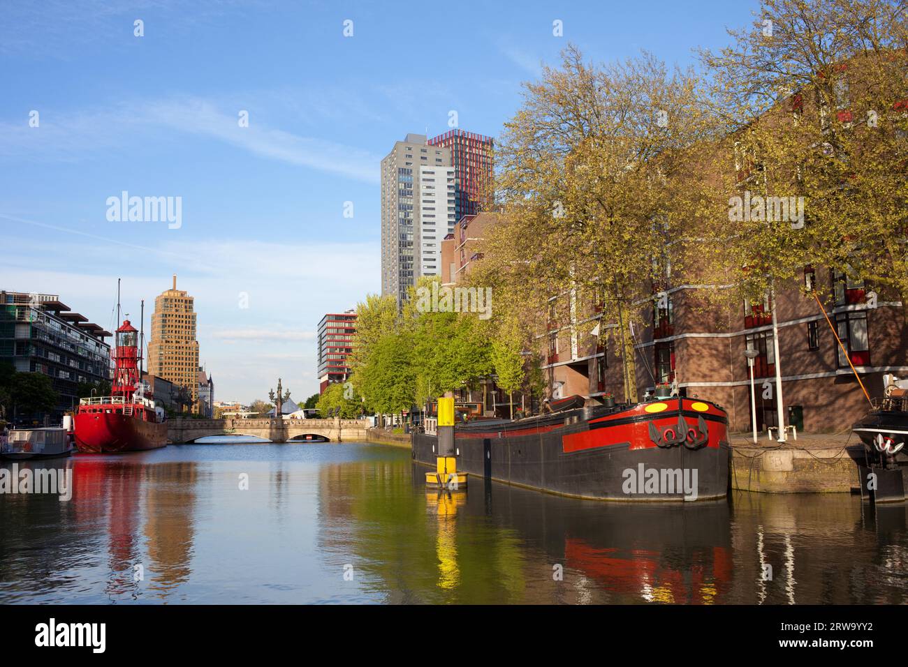 Rotterdam city canal and apartment buildings, South Holland ...
