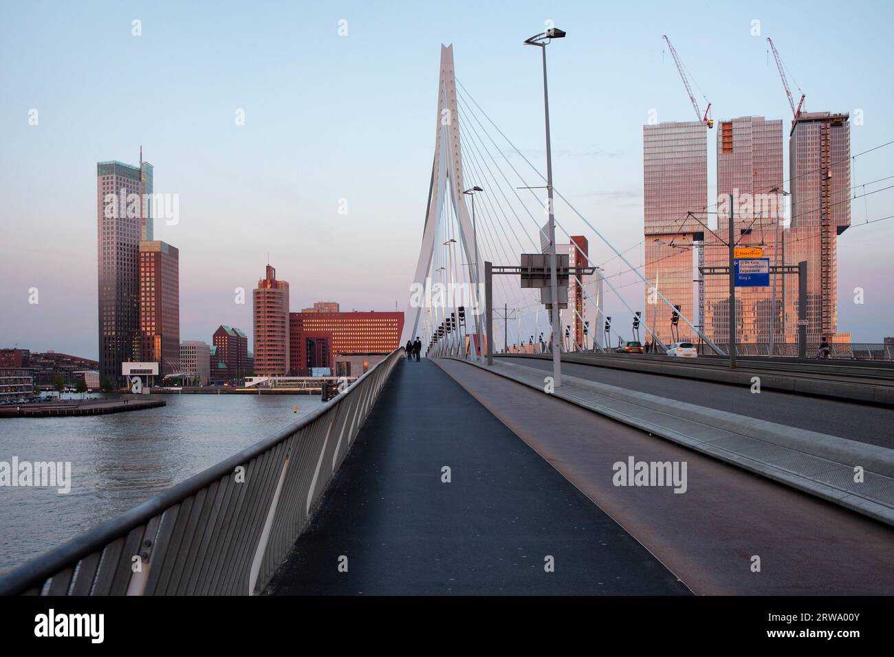 Rotterdam downtown skyline at sunset, view from the Erasmus Bridge ...