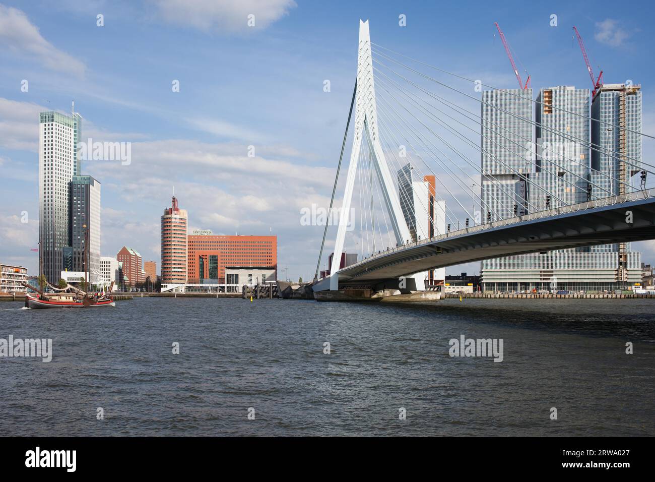 Downtown skyline of Rotterdam, Erasmus Bridge (Erasmusbrug) in South ...