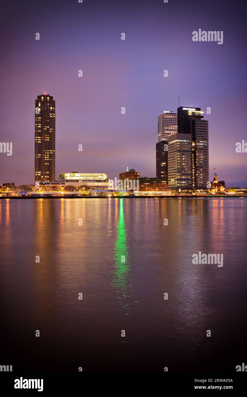 River view of Rotterdam city centre at night in South Holand, the ...