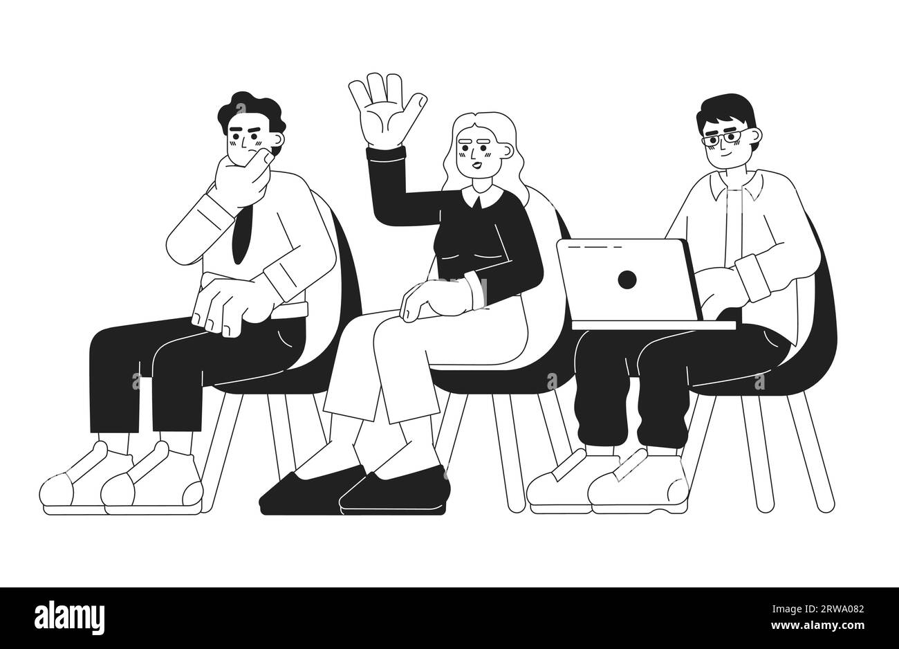 Participating in seminar black and white cartoon flat illustration ...