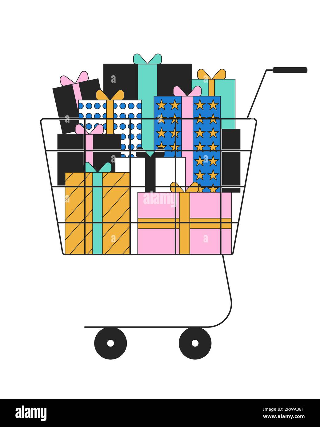 Shopping trolley with giftboxes 2D linear cartoon object Stock Vector ...
