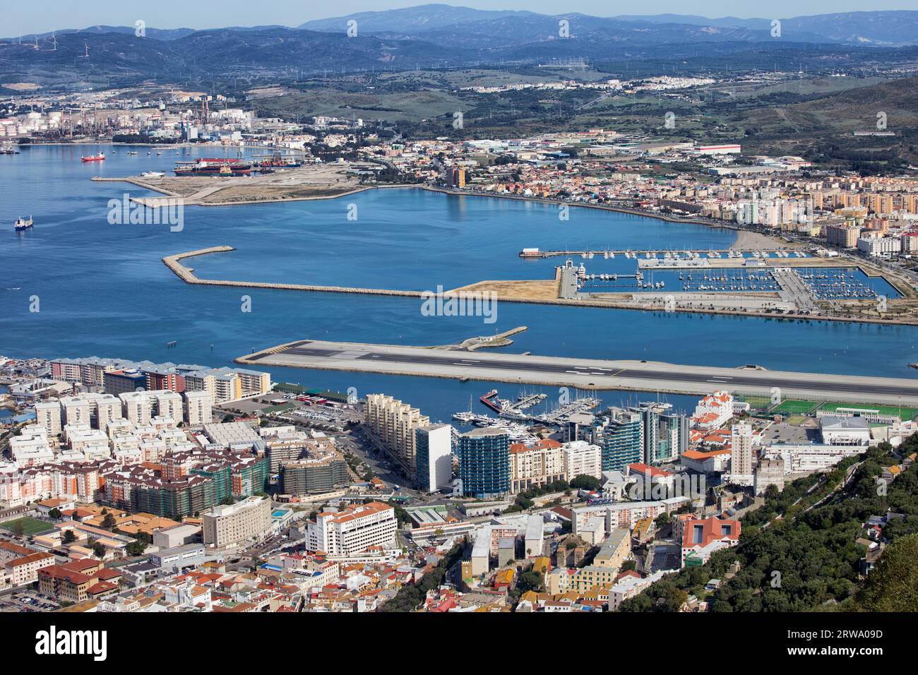 Gibraltar city and bay, airport runway and La Linea de la Concepcion ...