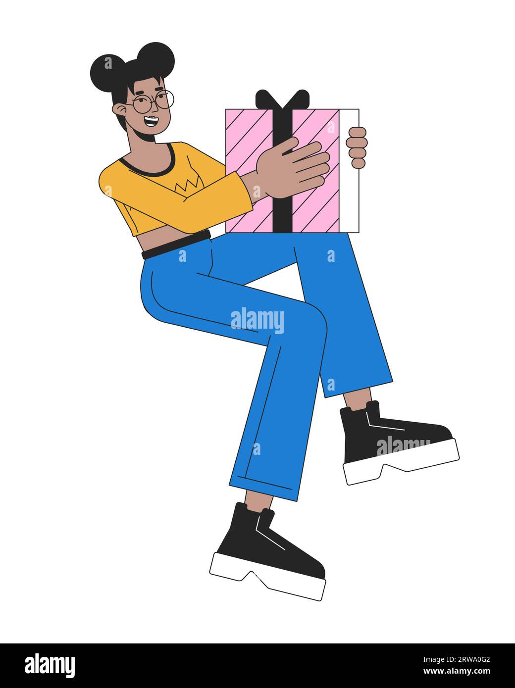 African american female happy holding gift 2D linear cartoon character ...