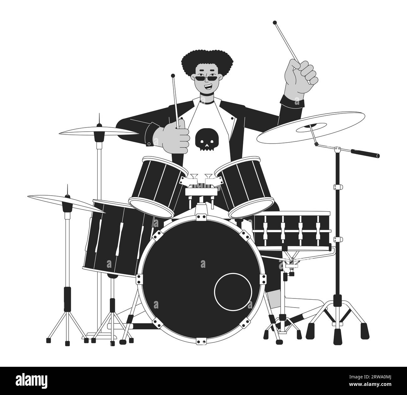 Drummer rock and roll black and white cartoon flat illustration Stock ...