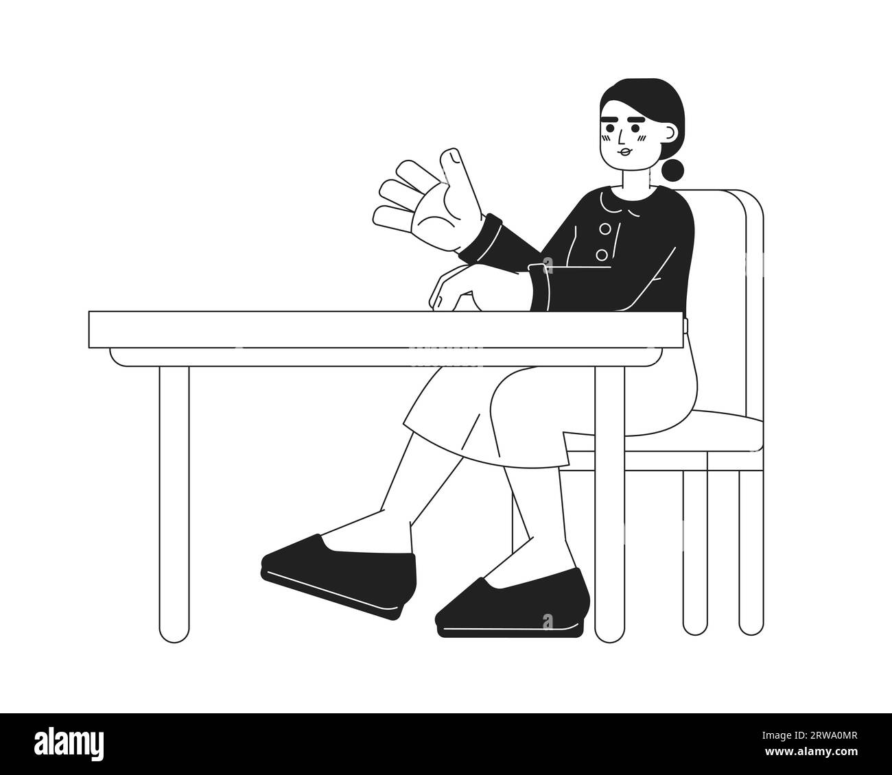 Latina girl sitting at desk black and white 2D cartoon character Stock ...