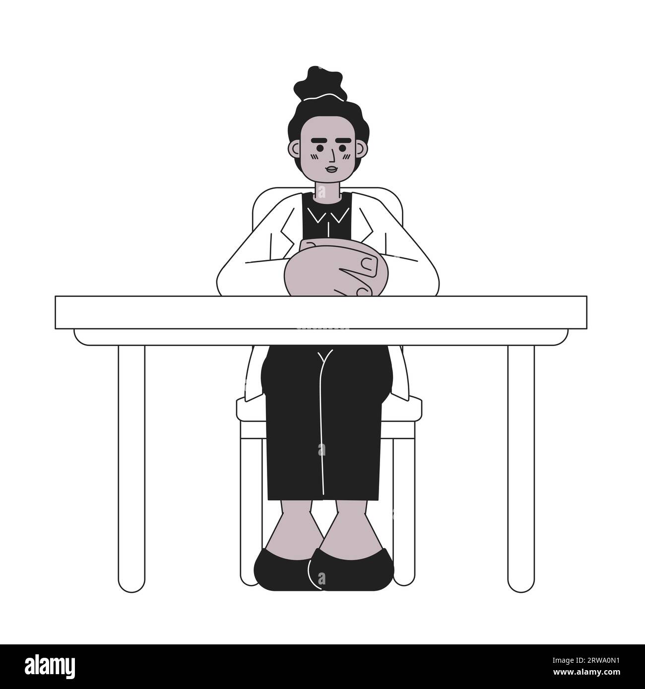Serious female boss with hands folded on desk black and white 2D ...