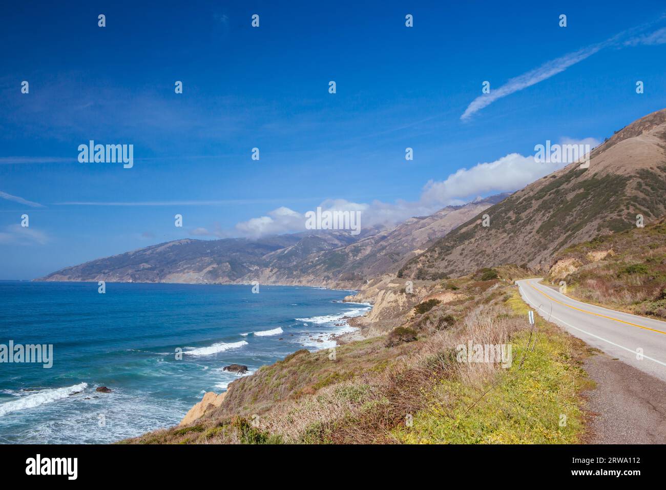 A view out to sea on a sunny winter's day along Big Sur coastline in ...