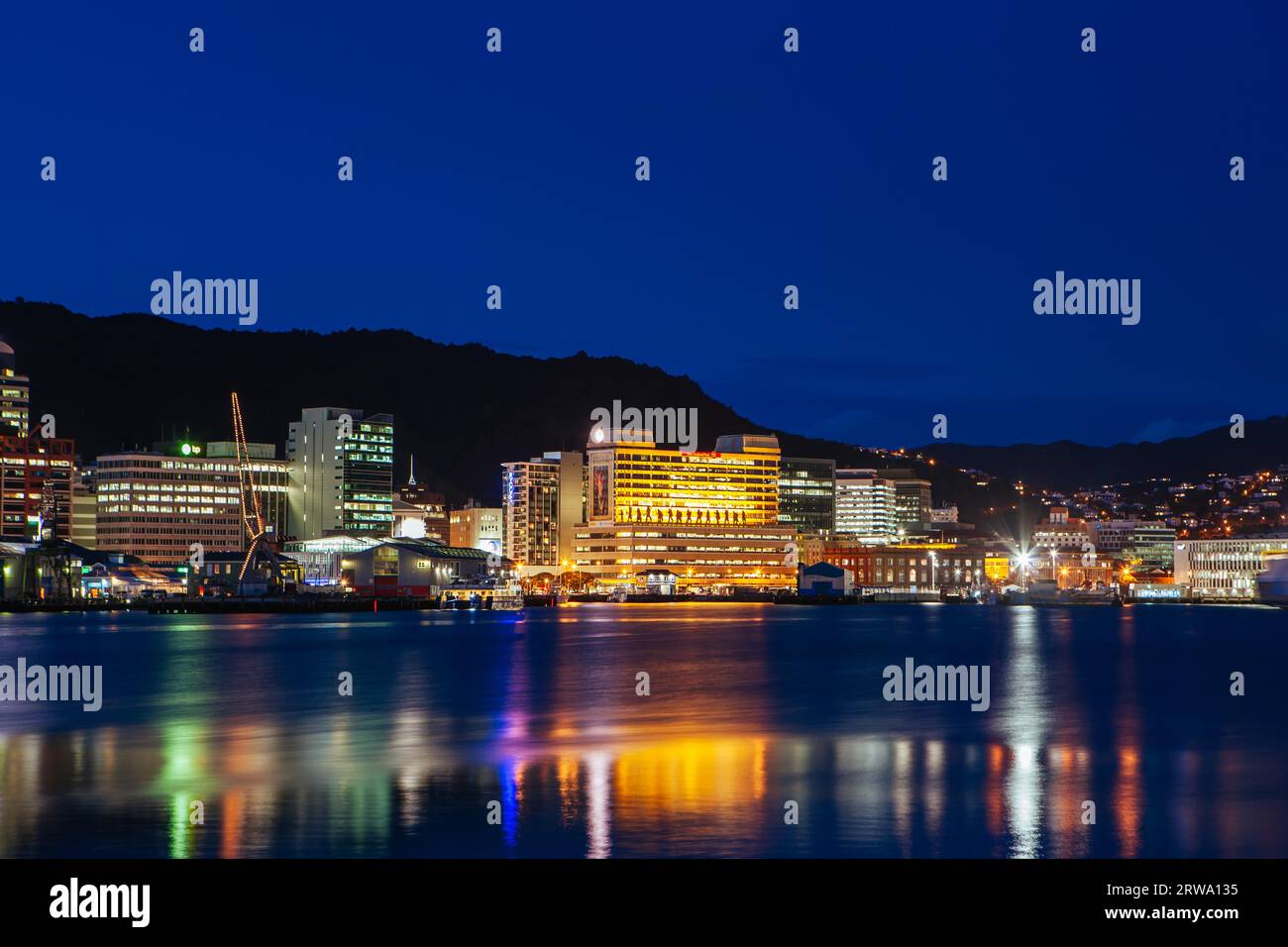 View over Wellington skyline and harbour at dusk in Wellington, New ...