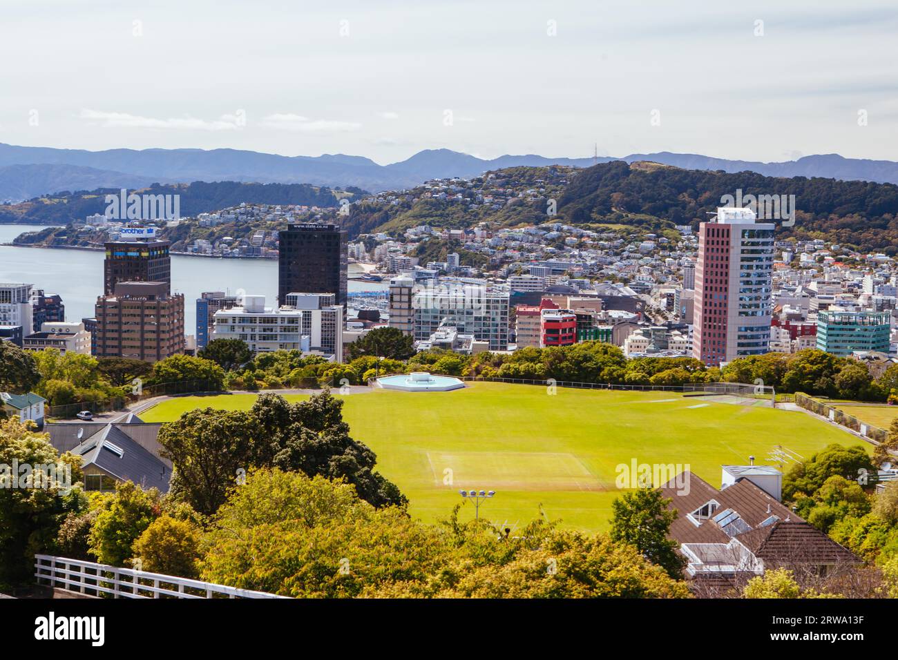 View over Wellington skyline and harbour from near Carter Observatory ...