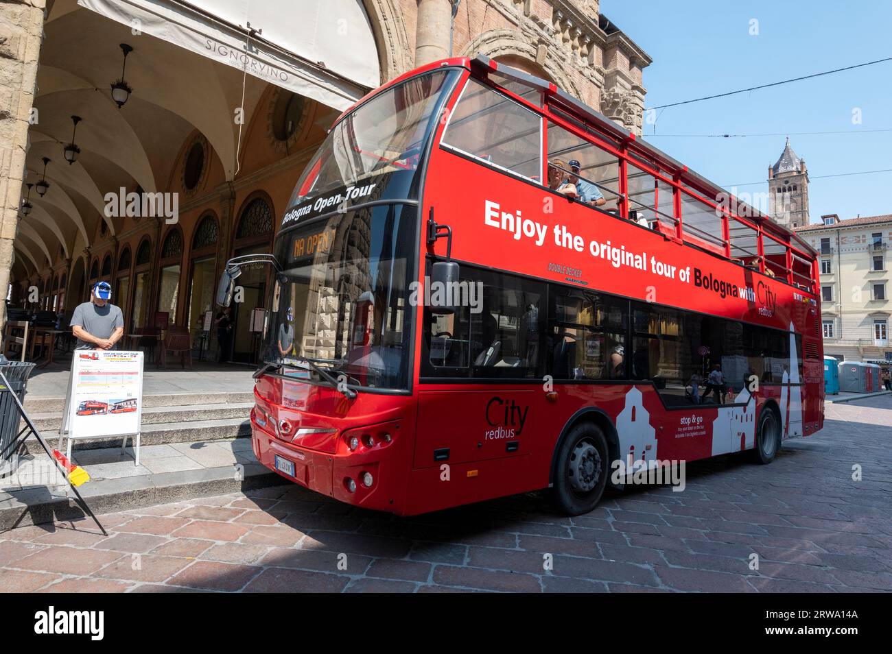 A City red bus double-decker at the starting and finishing point of a ...