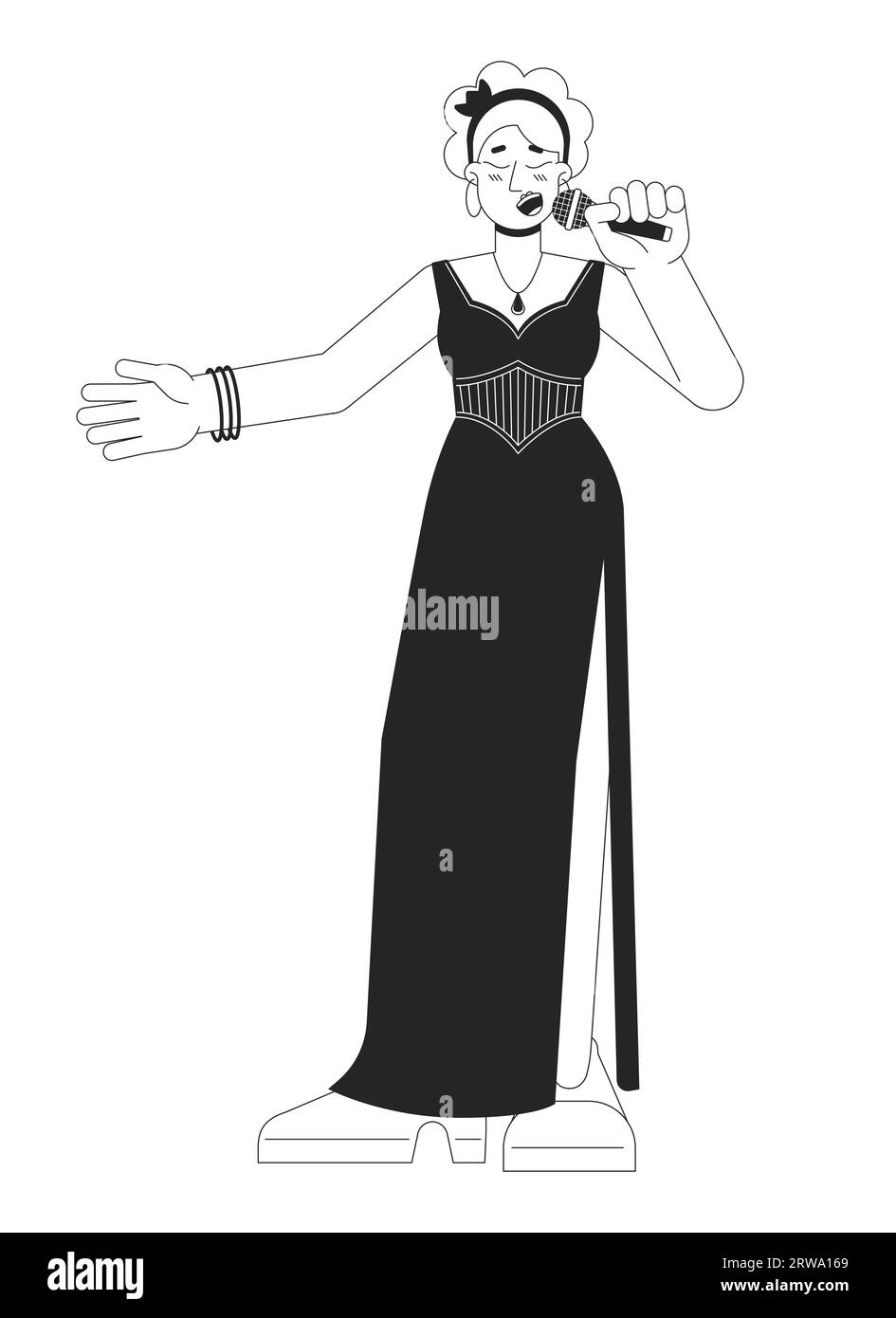Jazz singer with microphone black and white cartoon flat illustration ...