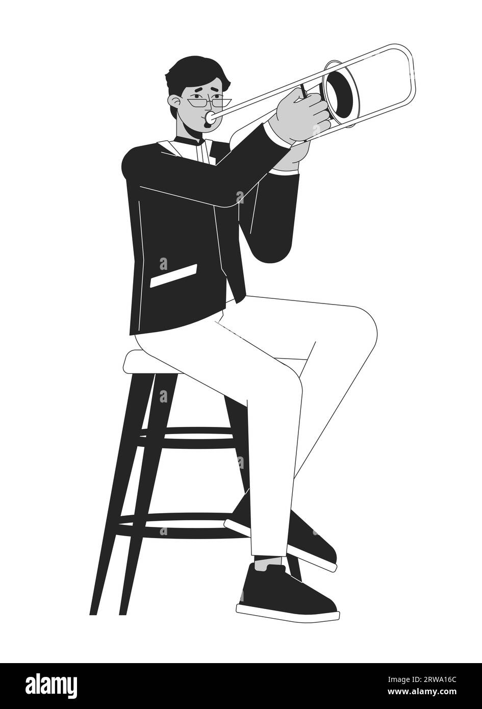 Jazz trumpet player black and white cartoon flat illustration Stock ...