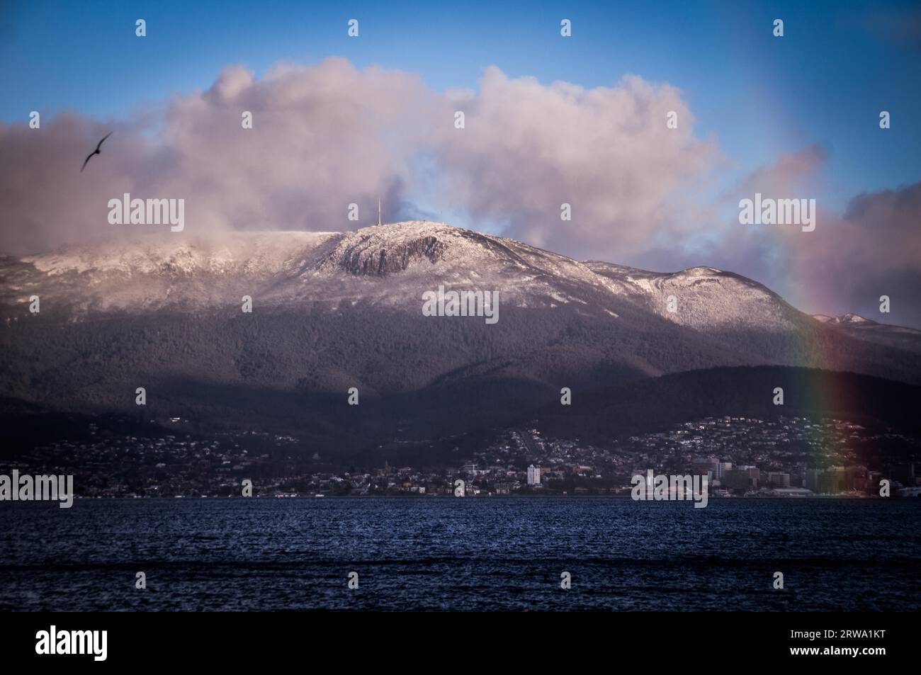 Morning view of Hobart, Tasmania, Australia with a colorful rainbow and ...