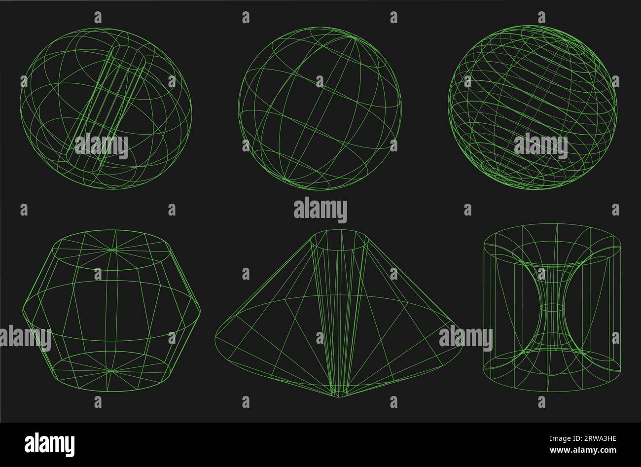Wireframe retro shapes, geometry punk on black background. Trendy ...