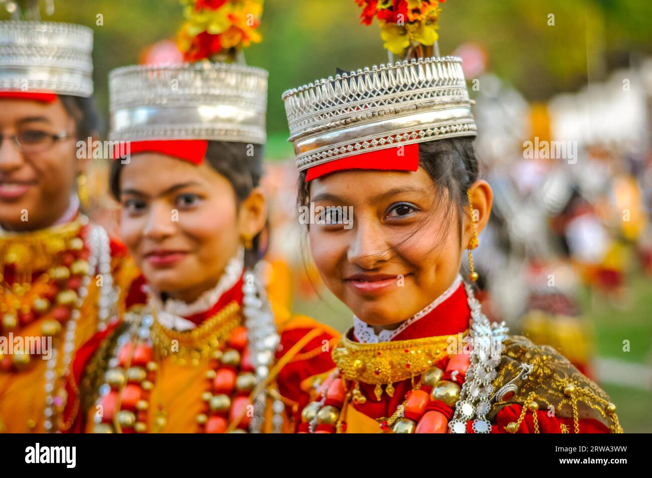 Shillong, Meghalaya, circa April 2012: Smiling girls in traditional ...