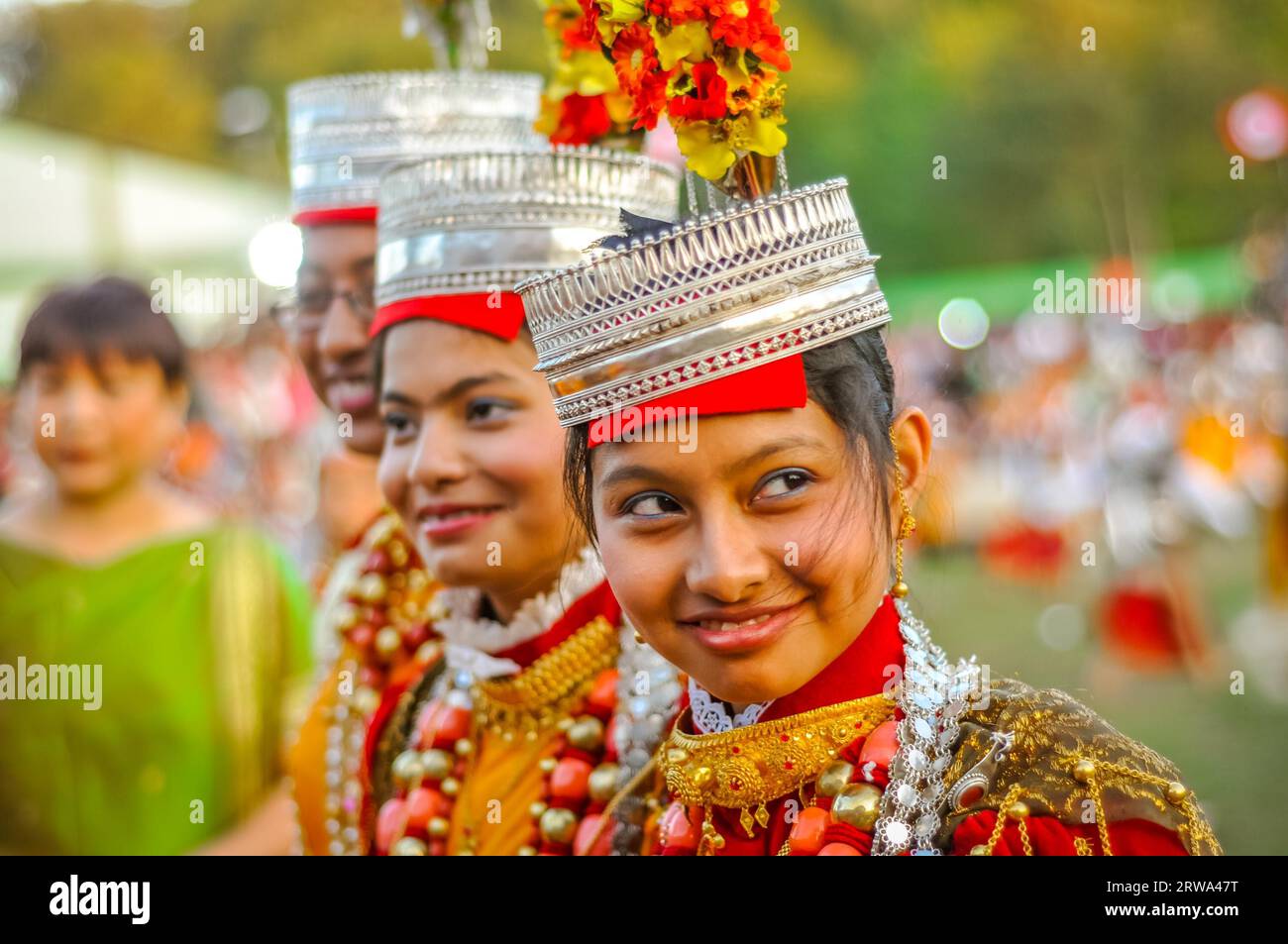 Shillong, Meghalaya, circa April 2012: Smiling girls in traditional ...