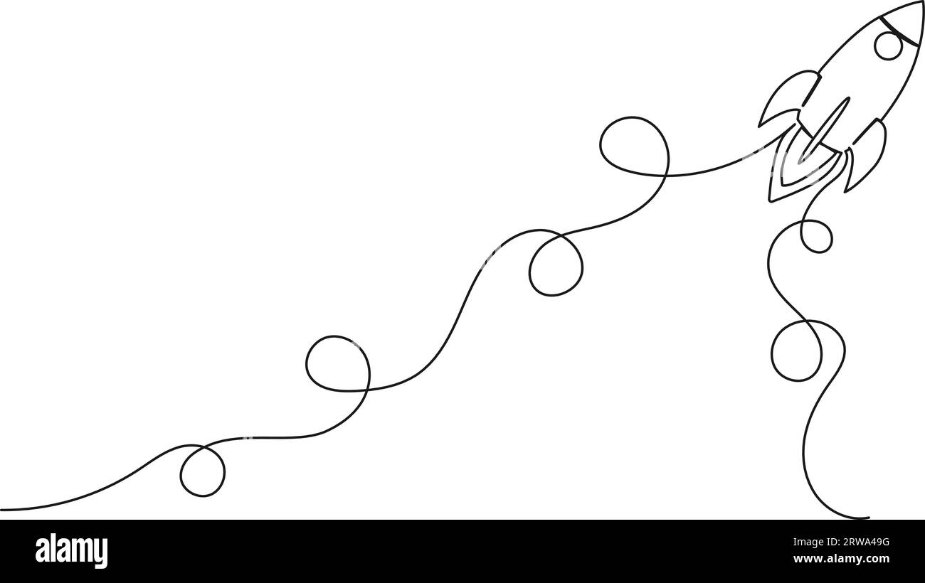 continuous single line drawing of rocket spaceship takeoff, rocket ...