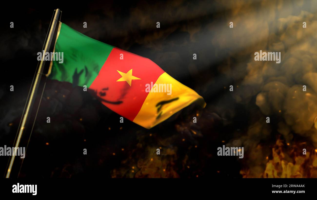defocused Cameroon flag on smoke with sun rays background - catastrophe ...