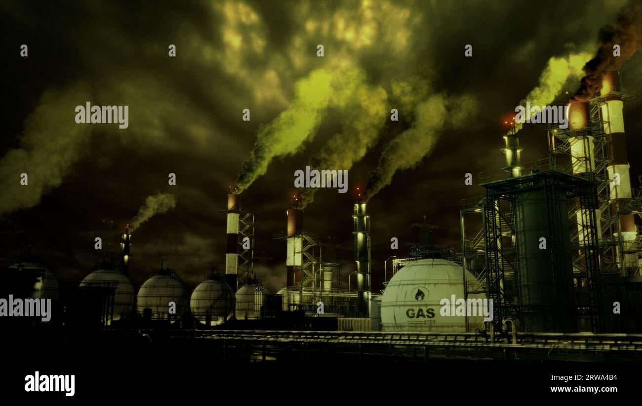 clear gas or gasoline electrical power station with storages at night ...