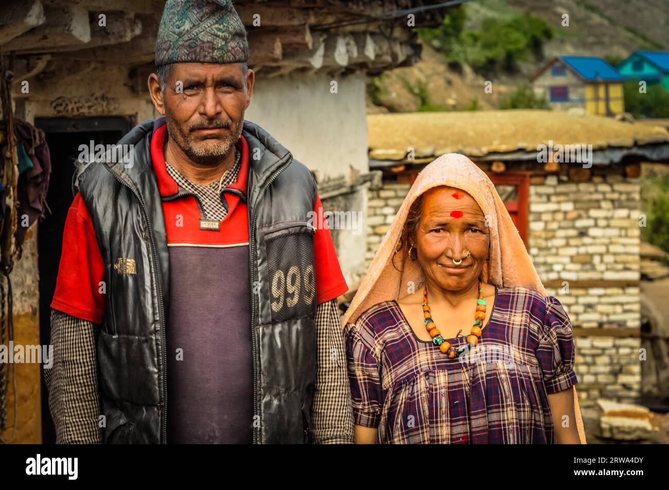 Dolpo, Nepal, circa June 2012: Native man with cap wears grey vest and ...