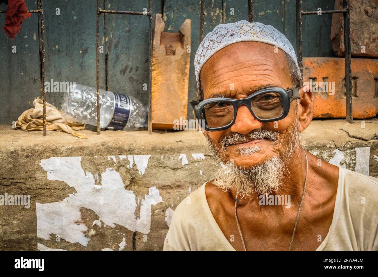 Dhaka, Bangladesh, circa July 2012: Old smiling man with white beard ...