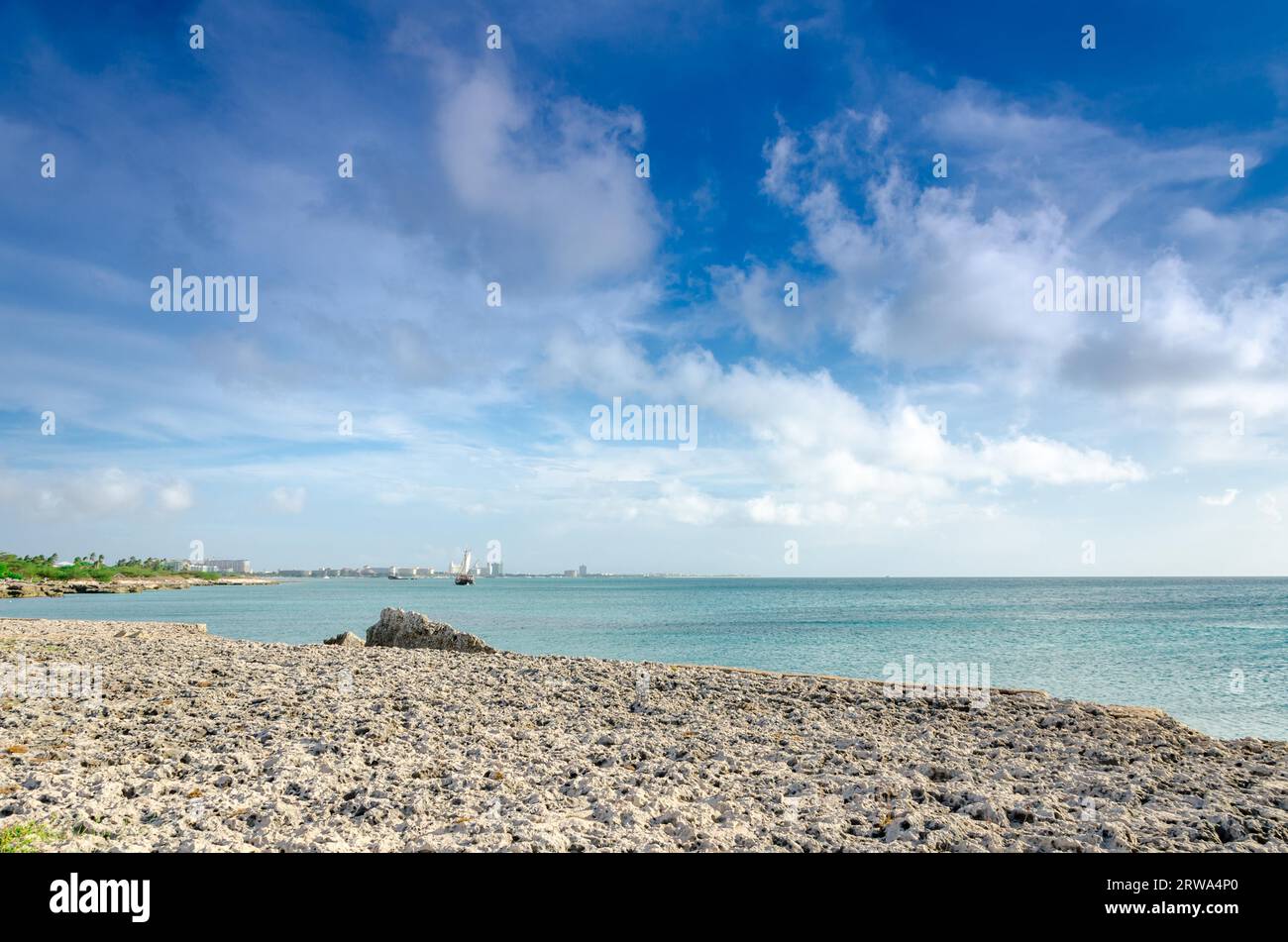 Panorama view of the image taken from Malmok Beach, Aruba, in the ...