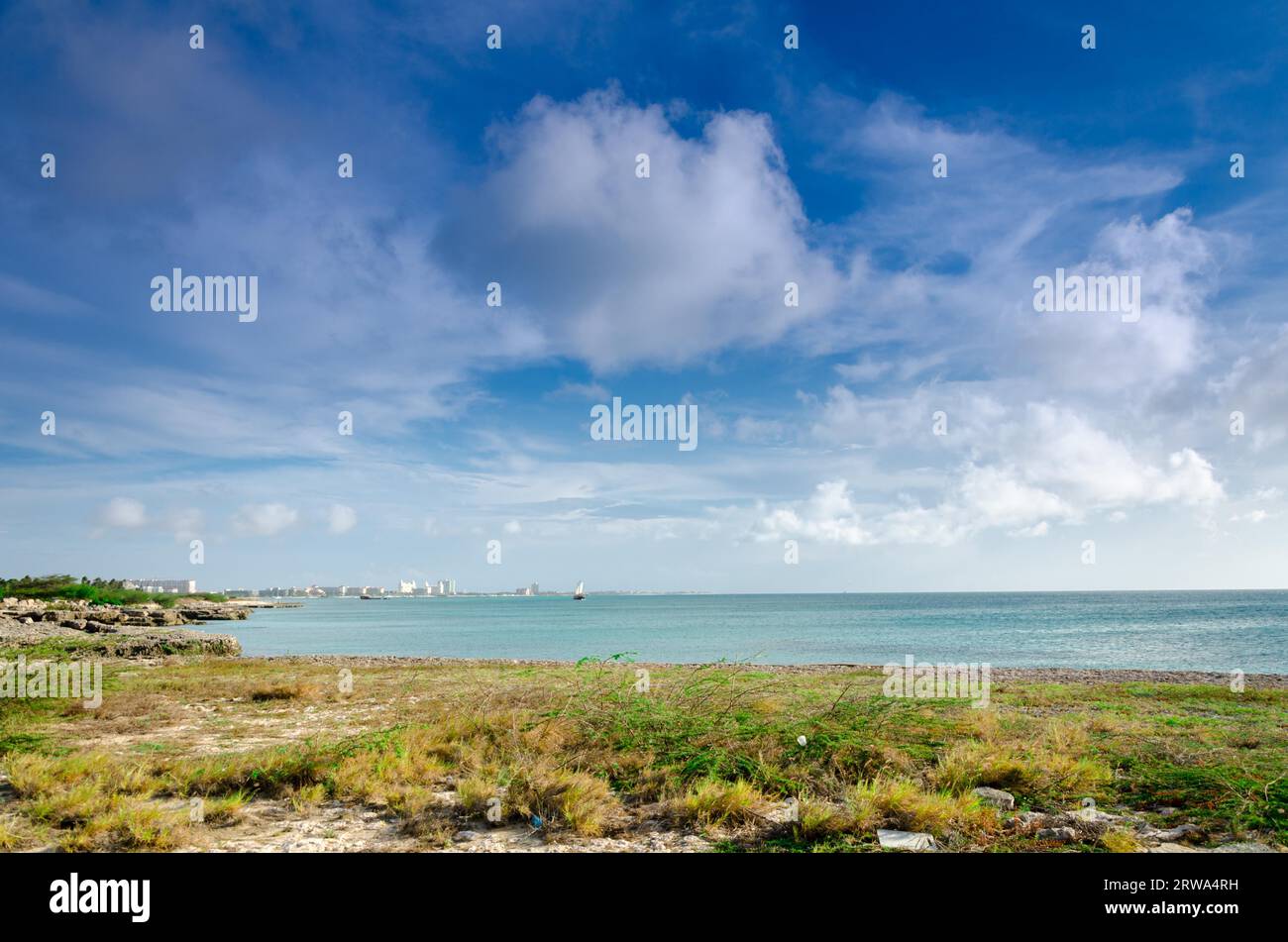 Panorama view of the image taken from Malmok Beach, Aruba, in the ...