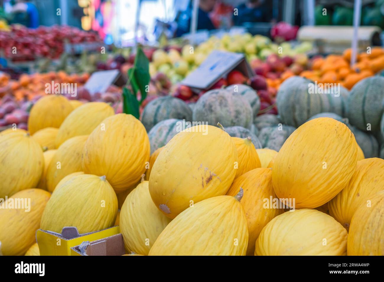 Sicilian organic yellow melon, Ballaro street food market in Palermo ...